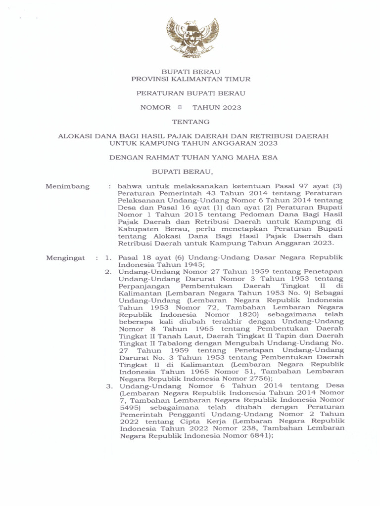Perbup Nomor 8 Tahun 2023 TTGV Alokasi Dana Bagi Hasil PDRD Ta 2023 | PDF