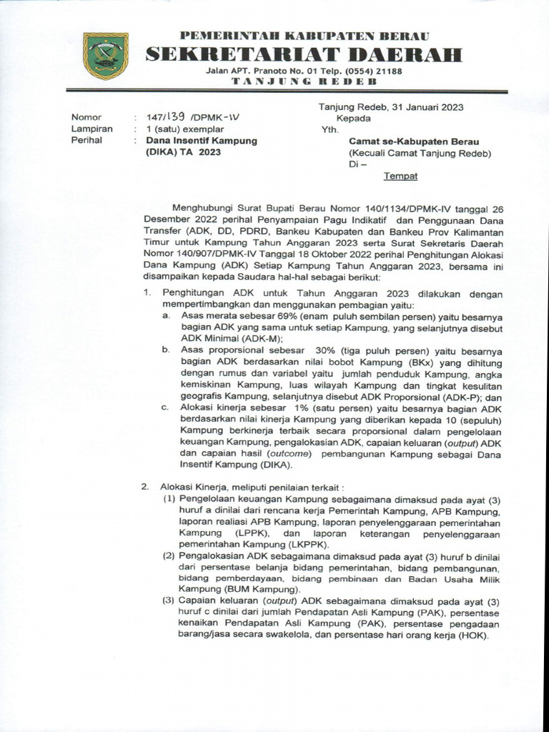 Surat Sekda Ke Camat Tentang Dana Insentif Kampung (DIKA) Tahun 2023 | PDF