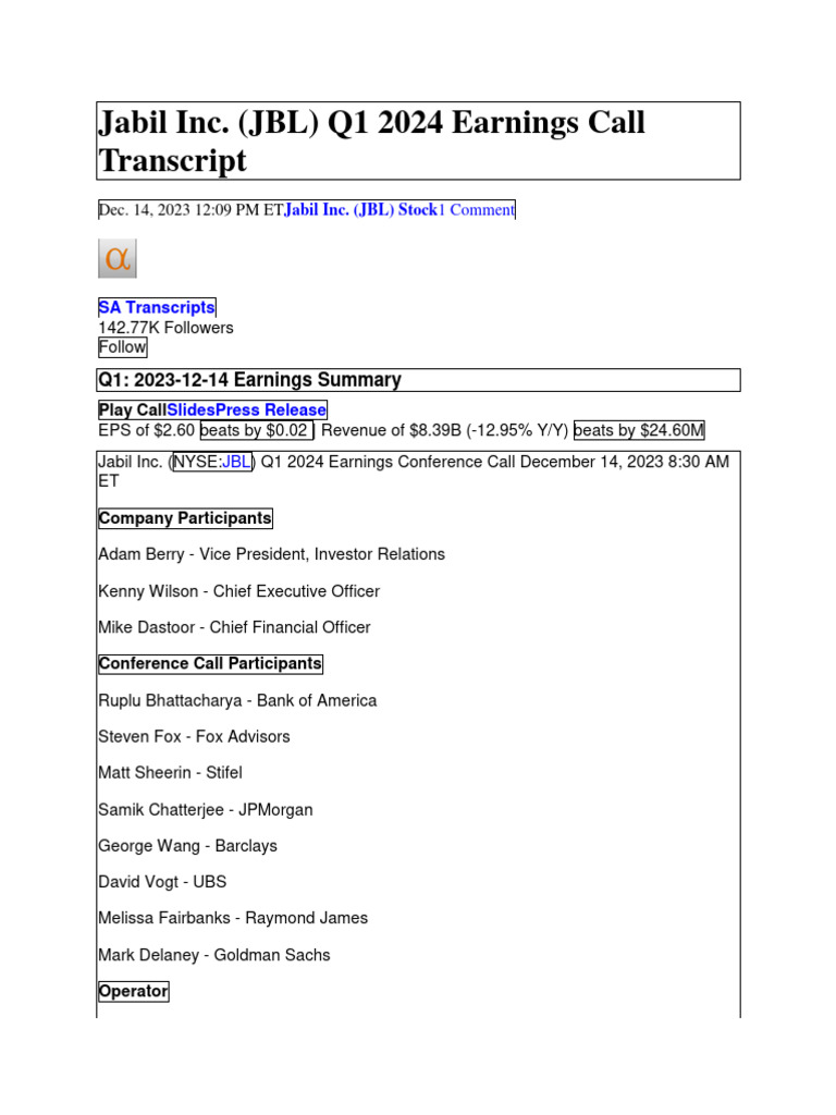 Jabil 2024Q1 Transcript | PDF