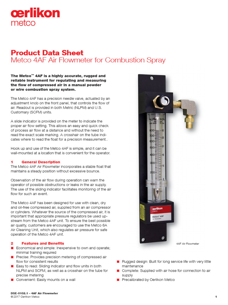 Product Data Sheet Metco 4AF Air Flowmeter For Combustion Spray | PDF