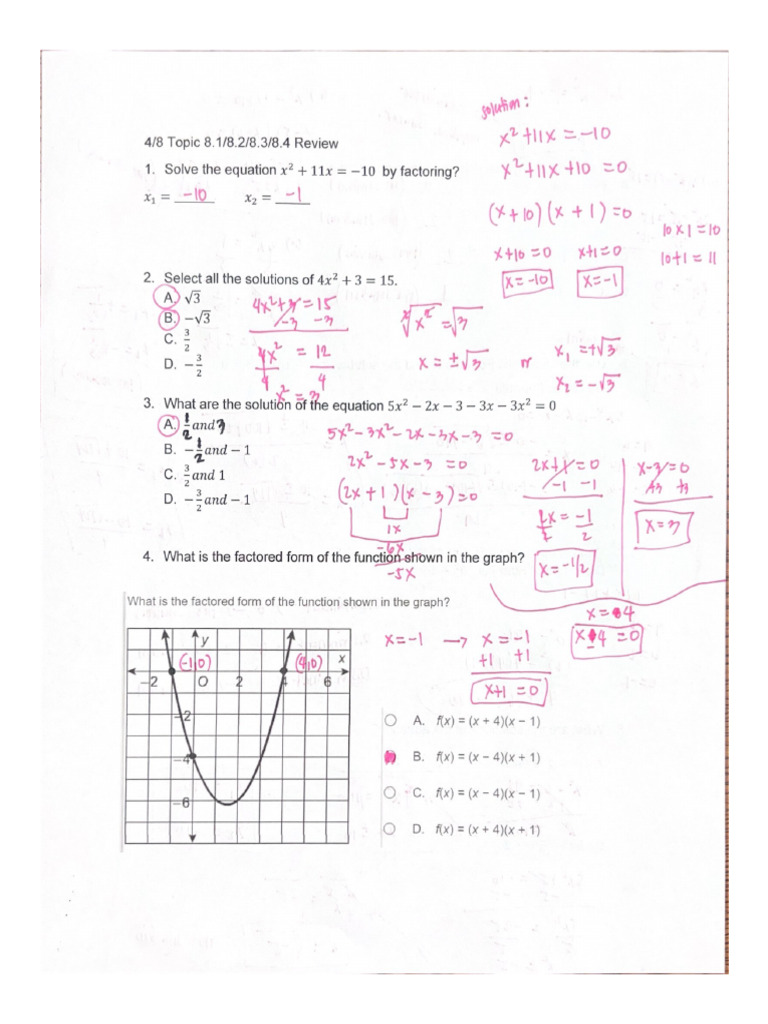 Algebra 1 Topic 8 Mid-Topic Quiz Study Guide | PDF