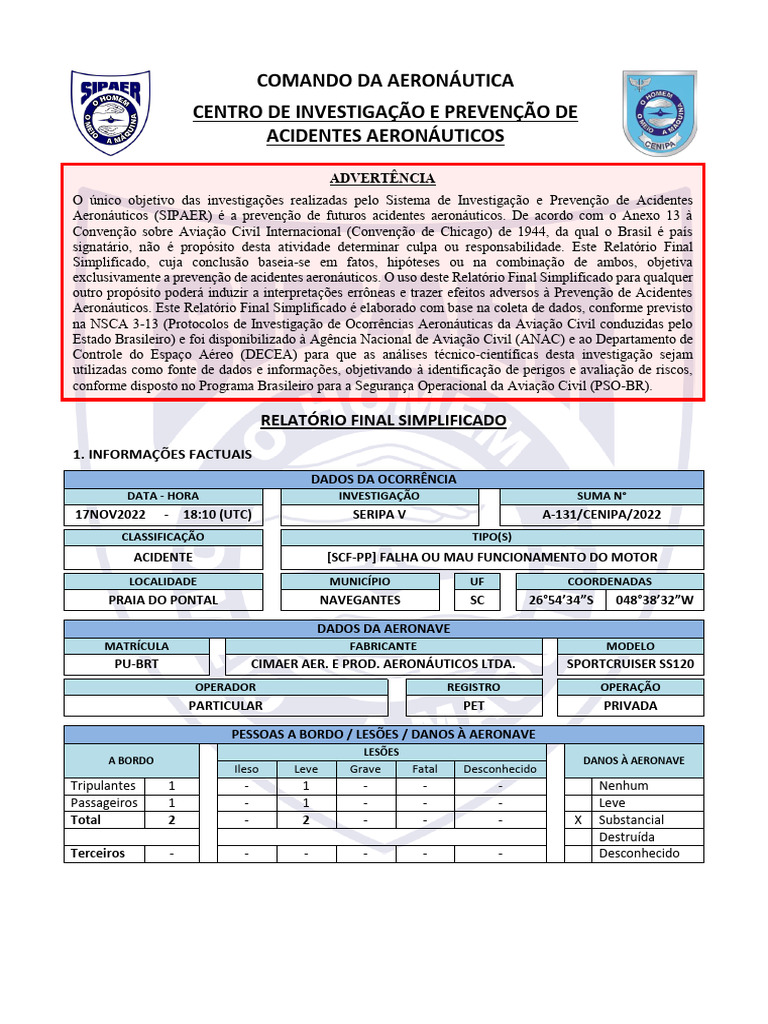 Acidente de Aeronave em Navegantes: Relatório RFS 0123 | PDF | Aeronave ...