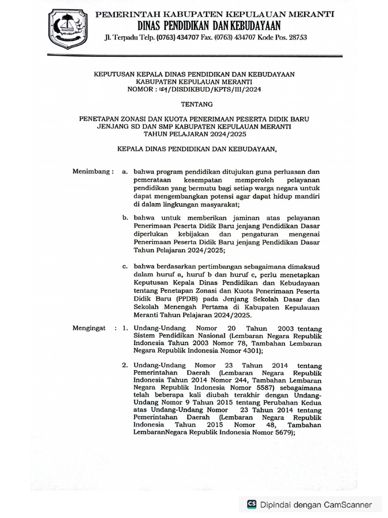 Penetapan Zonasi Dan Kuota PPDB Tahun 2024 | PDF