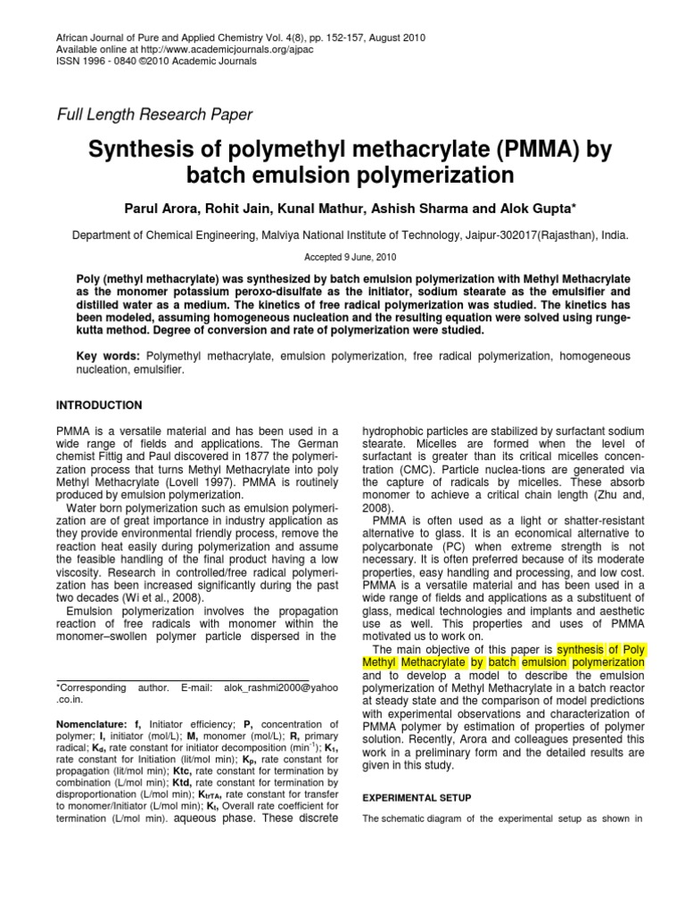 PMMA Synthesis | Polymerization | Poly(Methyl Methacrylate)
