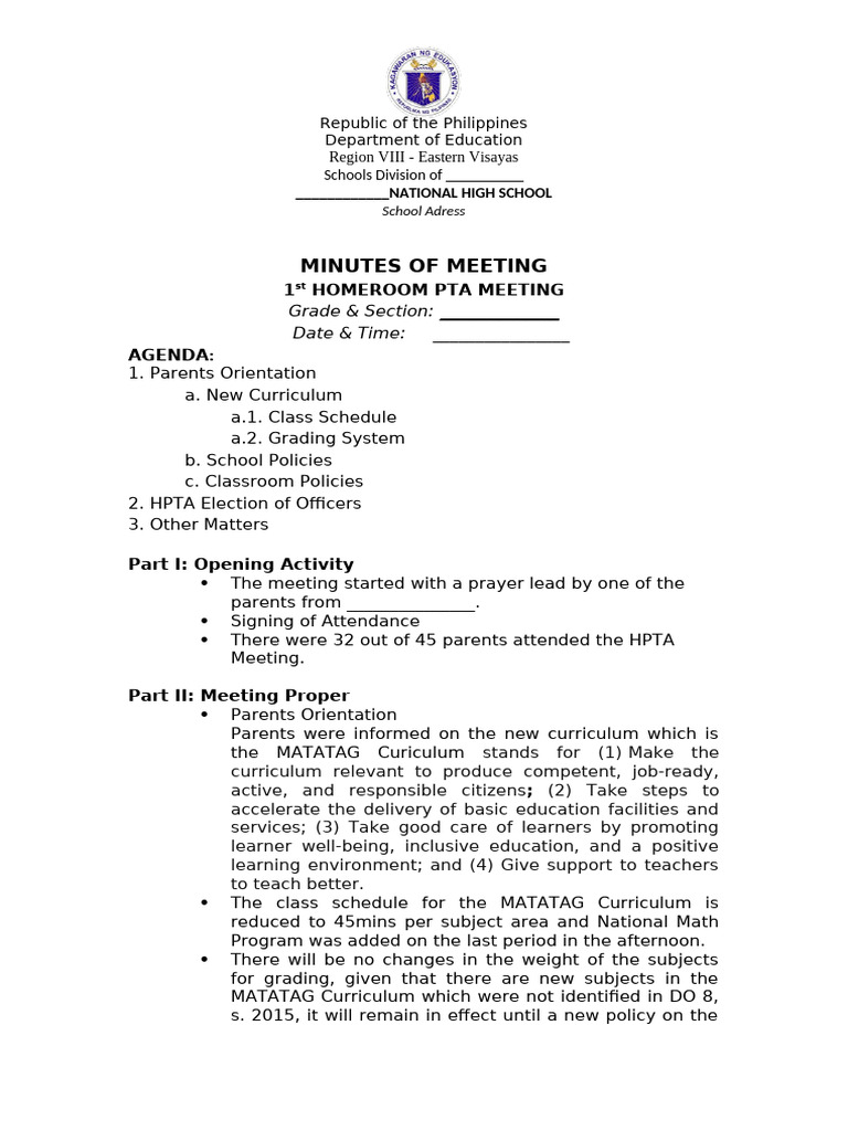 HPTA Minutes of Meeting | PDF