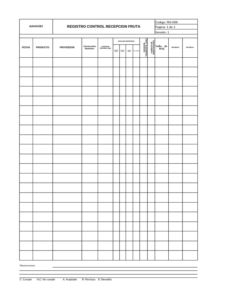 RG-006 Registro control Recepción de fruta | PDF RG-006 Registro control Recepción de fruta | PDF