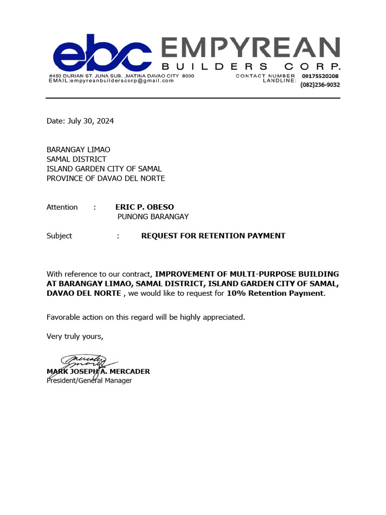Retention Billing Request Letter | PDF