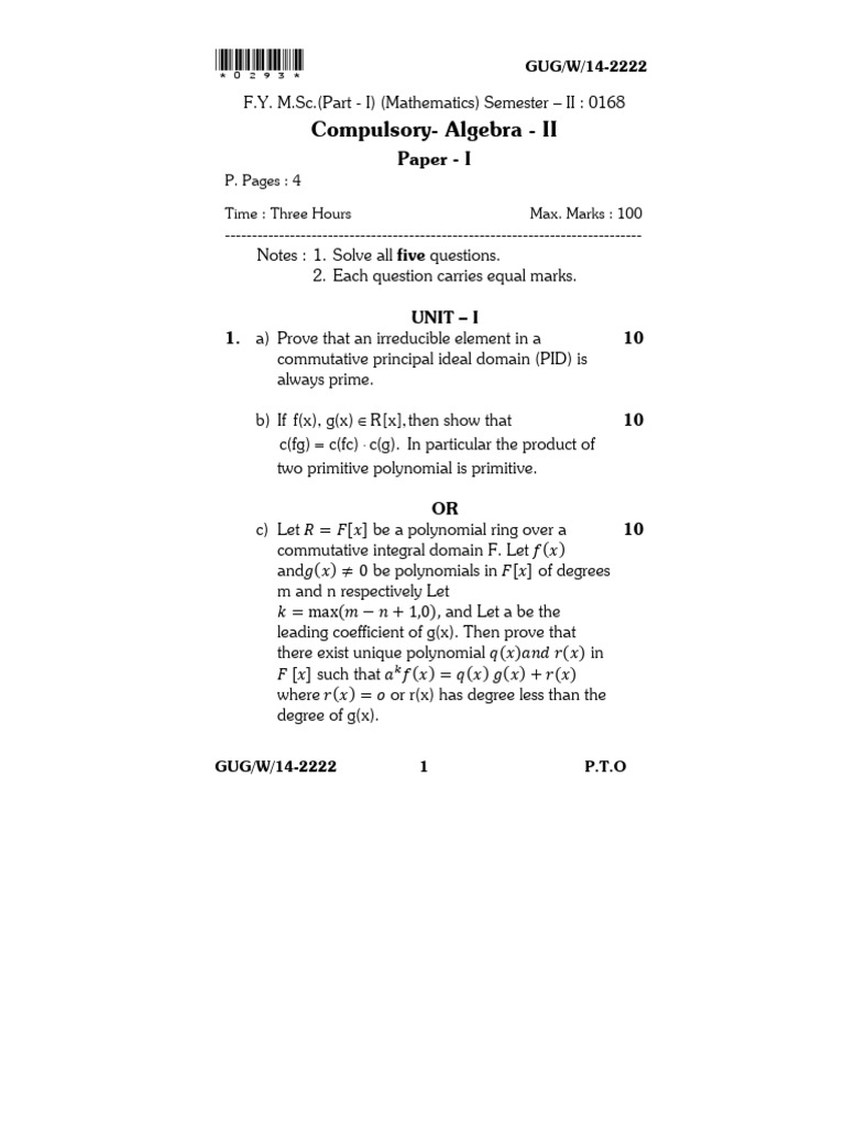 0168 - Compulsory - Algebra - II Paper - I | PDF