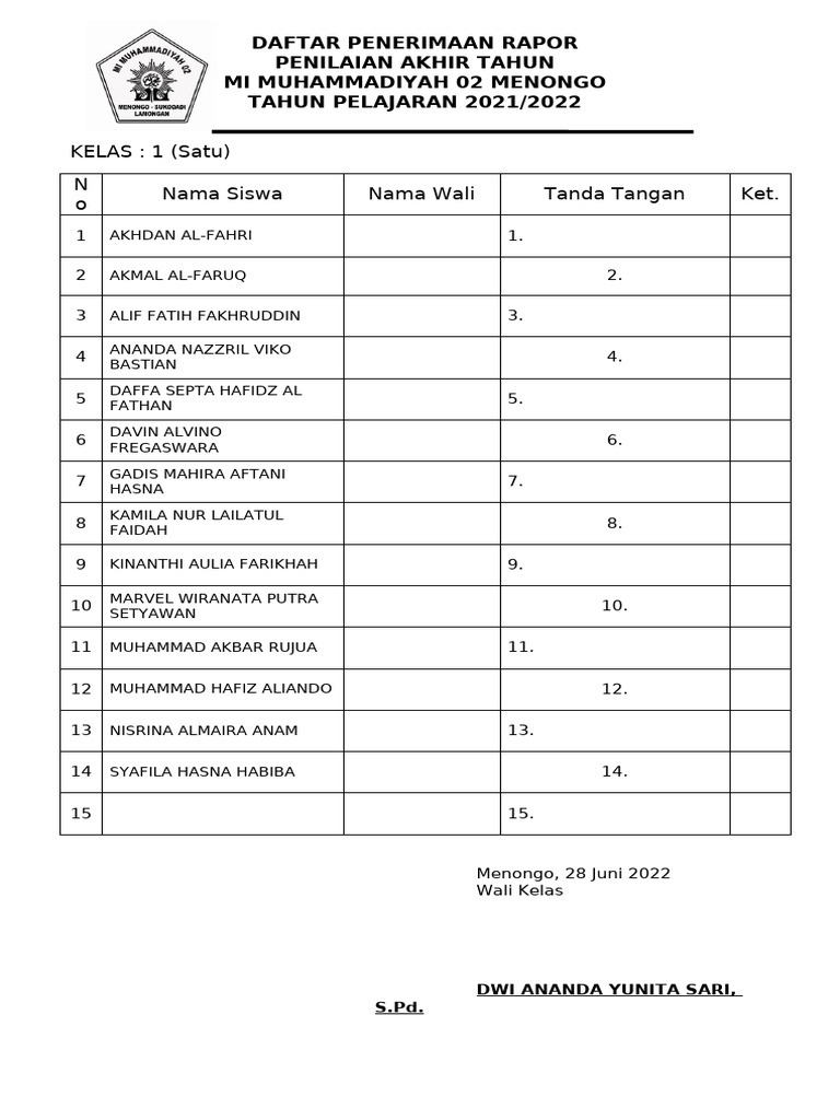 Daftar Penerimaan Rapor | PDF