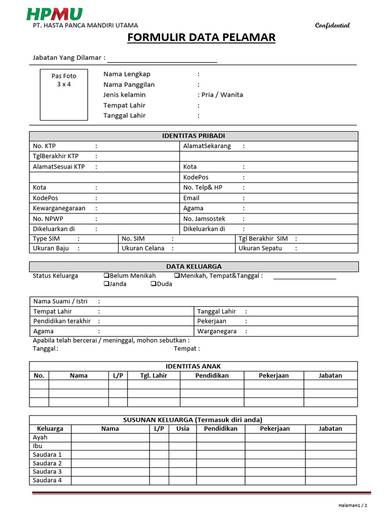 Form Data Pelamar HPMU | PDF