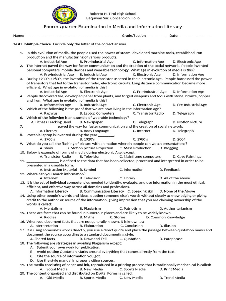 MIL 4th quarter exam | PDF