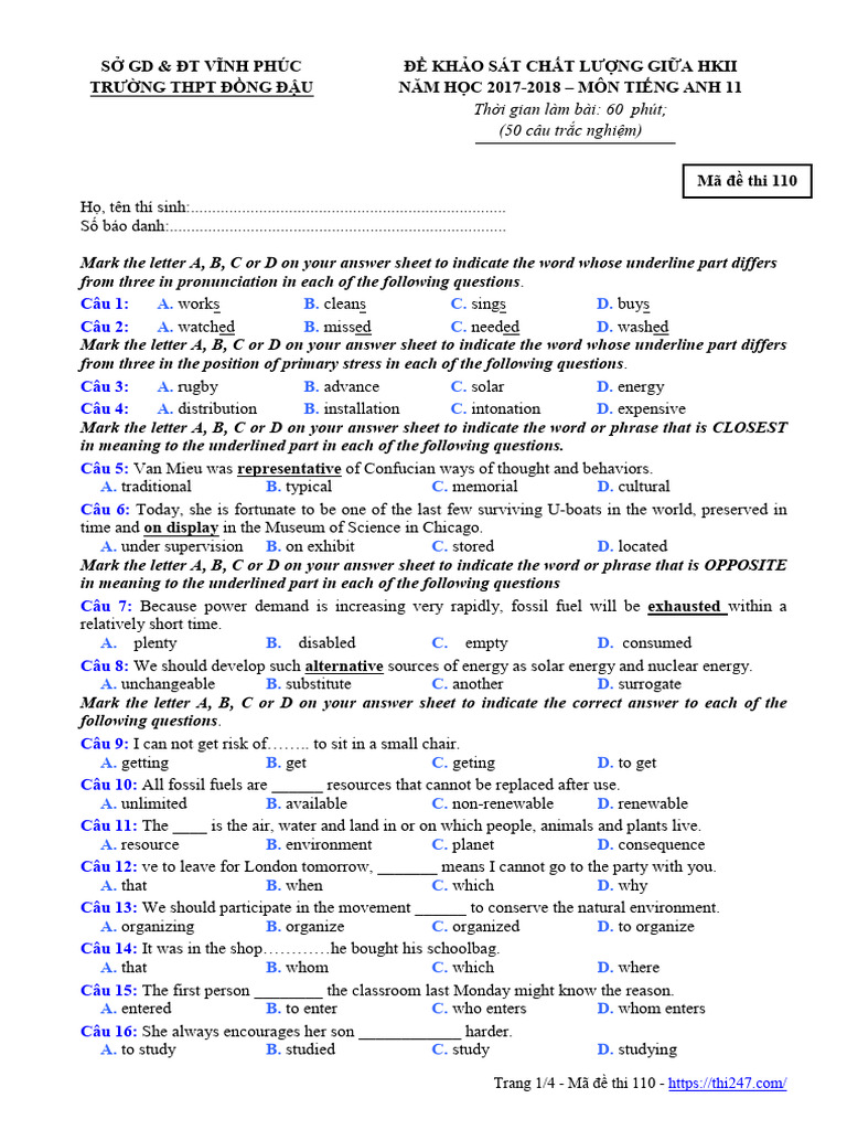 De KSCL Giua hk2 Tieng Anh 11 Nam 2017 2018 Truong Dong Dau Vinh Phuc | PDF