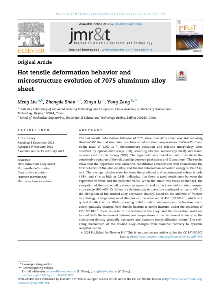 Hot Tensile Deformation Behavior And Microstruct 2023 Journal Of Materials R Pdf