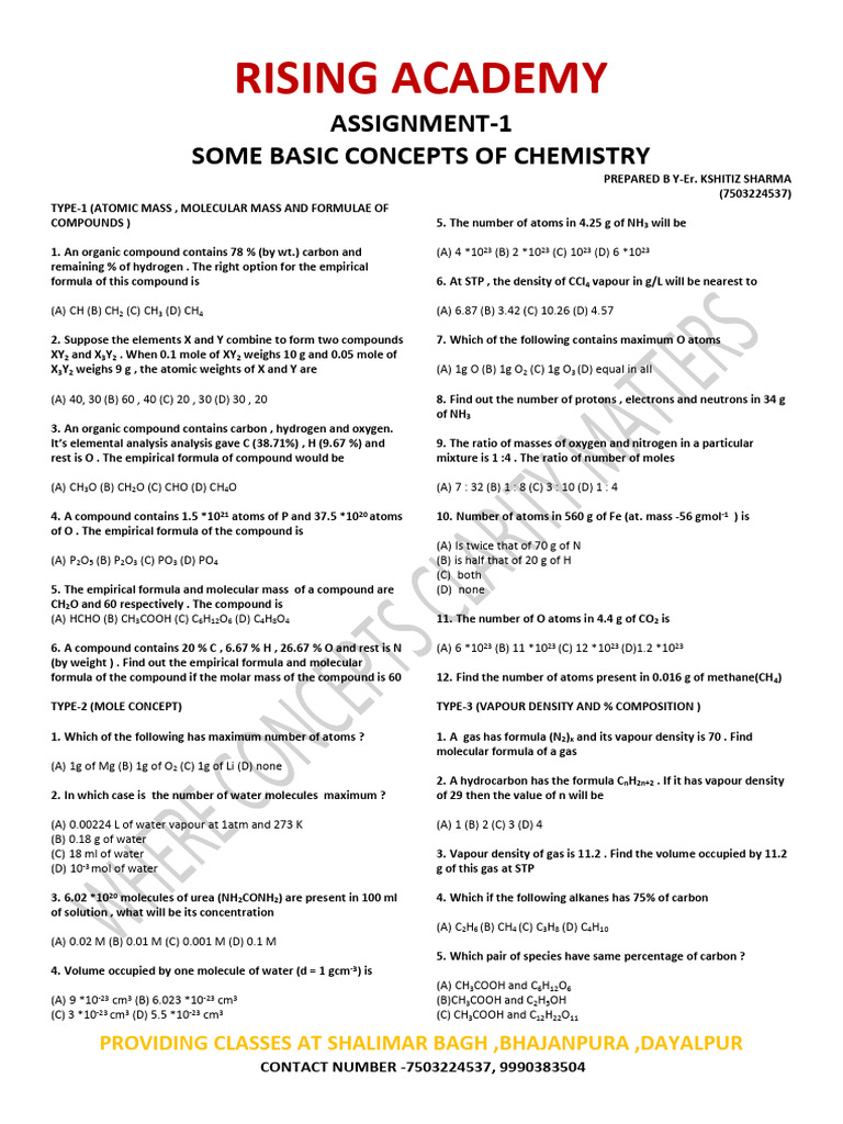 ASSIGNMENT-1 CH 1 Chemistry | PDF | Mole (Unit) | Chemical Compounds