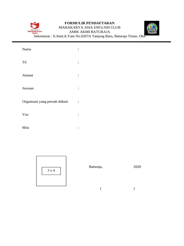 Contoh Formulir Pendaftaran Ukm English Club | PDF