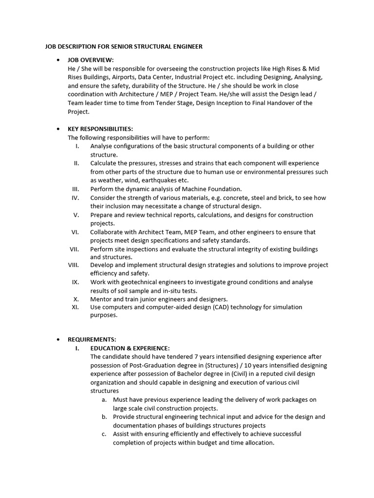 JD For Senior Structural Engineer | PDF JD For Senior Structural Engineer | PDF