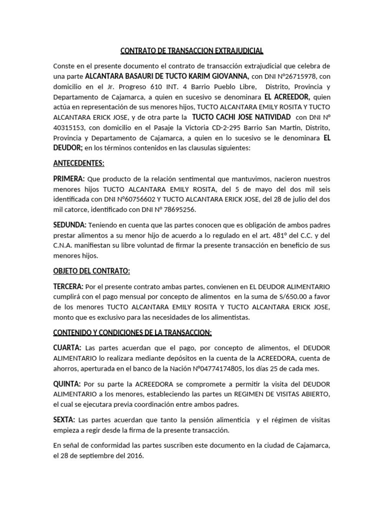 Contrato de Transaccion Extrajudicial Karim | PDF