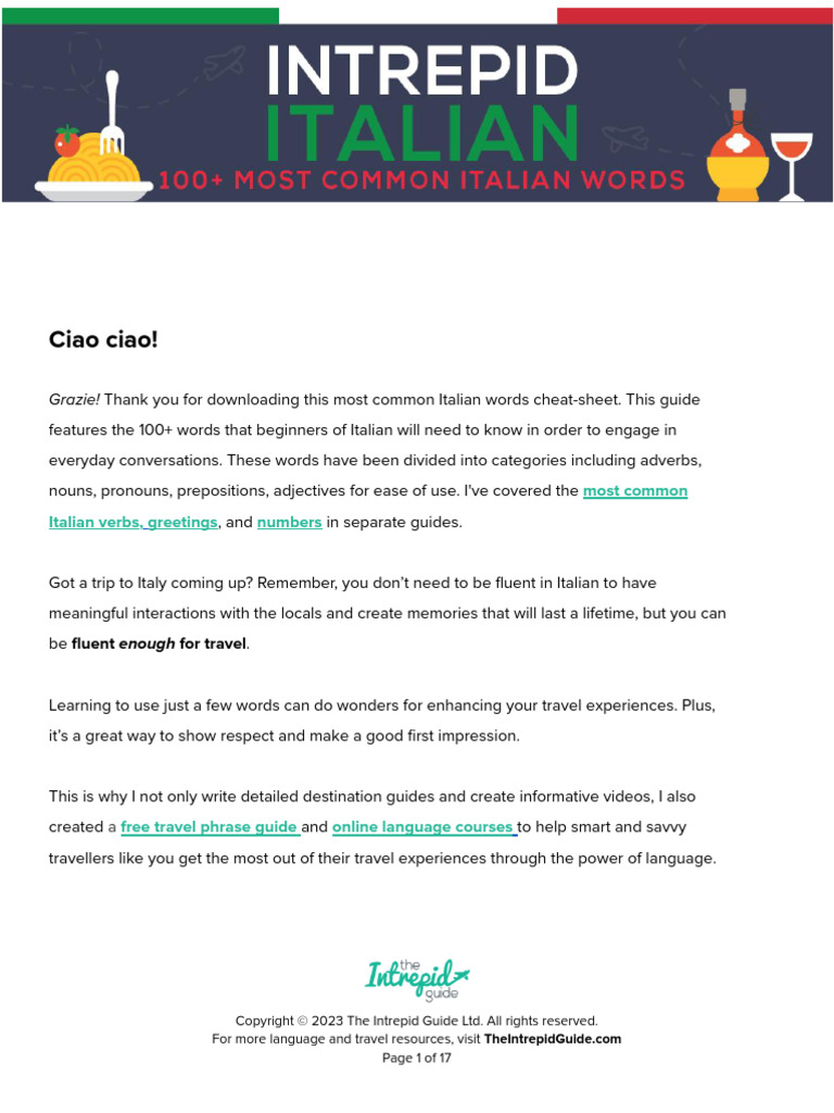 The Intrepid Guide Top 100 Most Common Italian Words Cheat Sheet | PDF