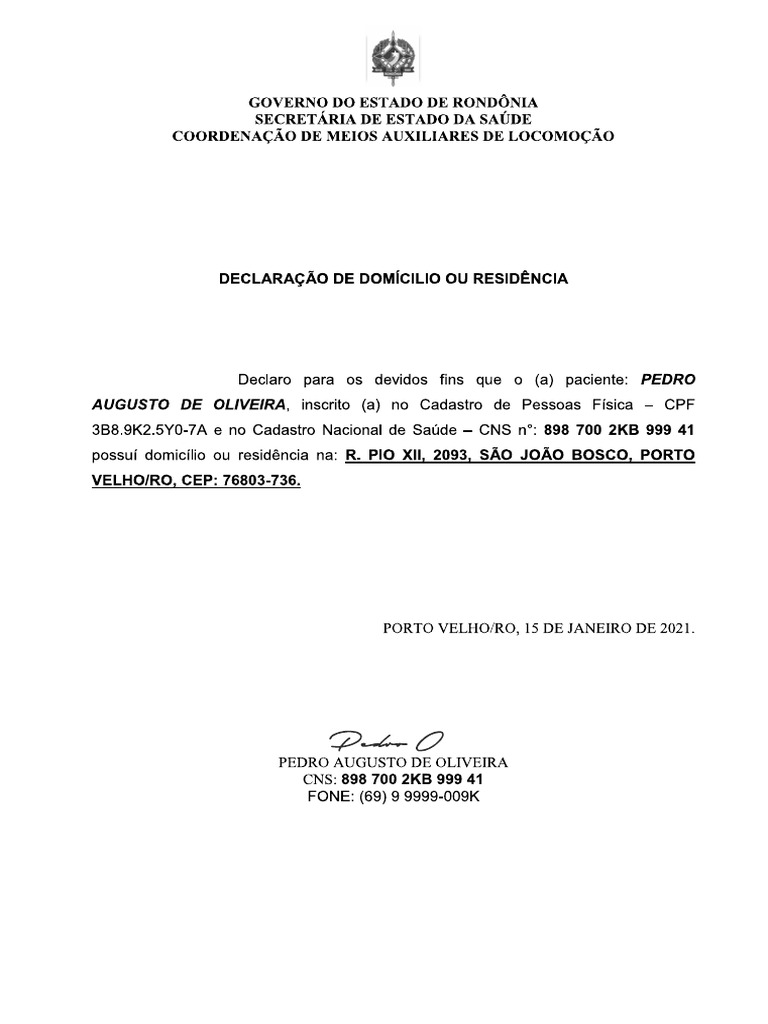 Declaracao de Residencia MODELO PREENCHIDO | PDF