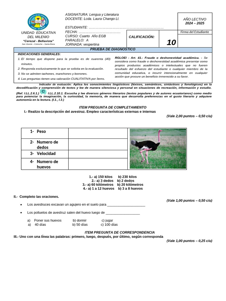 PRUEBA DIAGNOSTICA DE LENGUA Aprobado | PDF