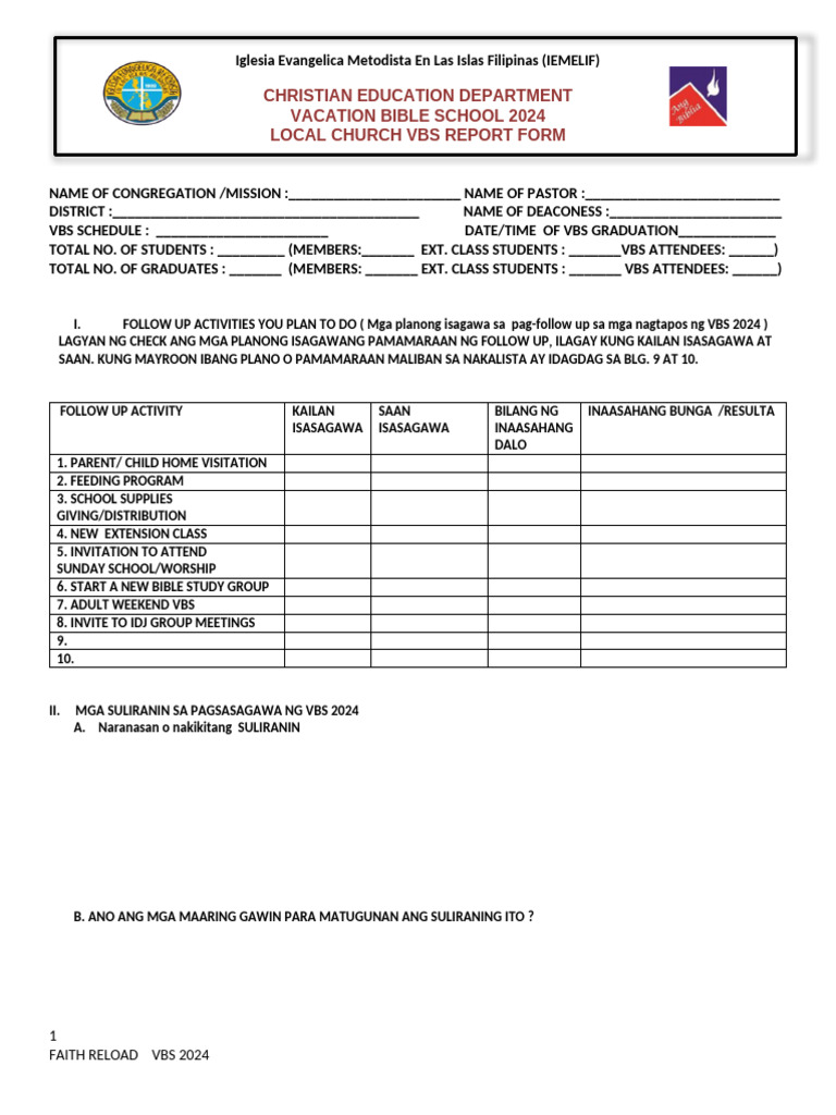 VBS Report Form 2024 | PDF