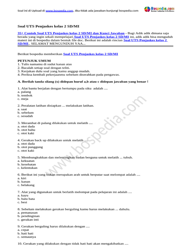35+ Contoh Soal UTS Penjaskes Kelas 2 SD MI Dan Kunci Jawaban | PDF