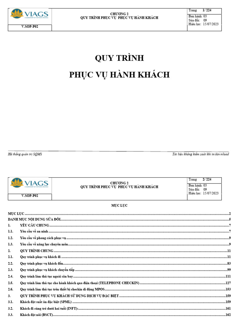SOP QT PV Hanh Khach | PDF