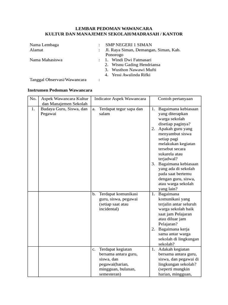 Lembar Pedoman Wawancara | PDF