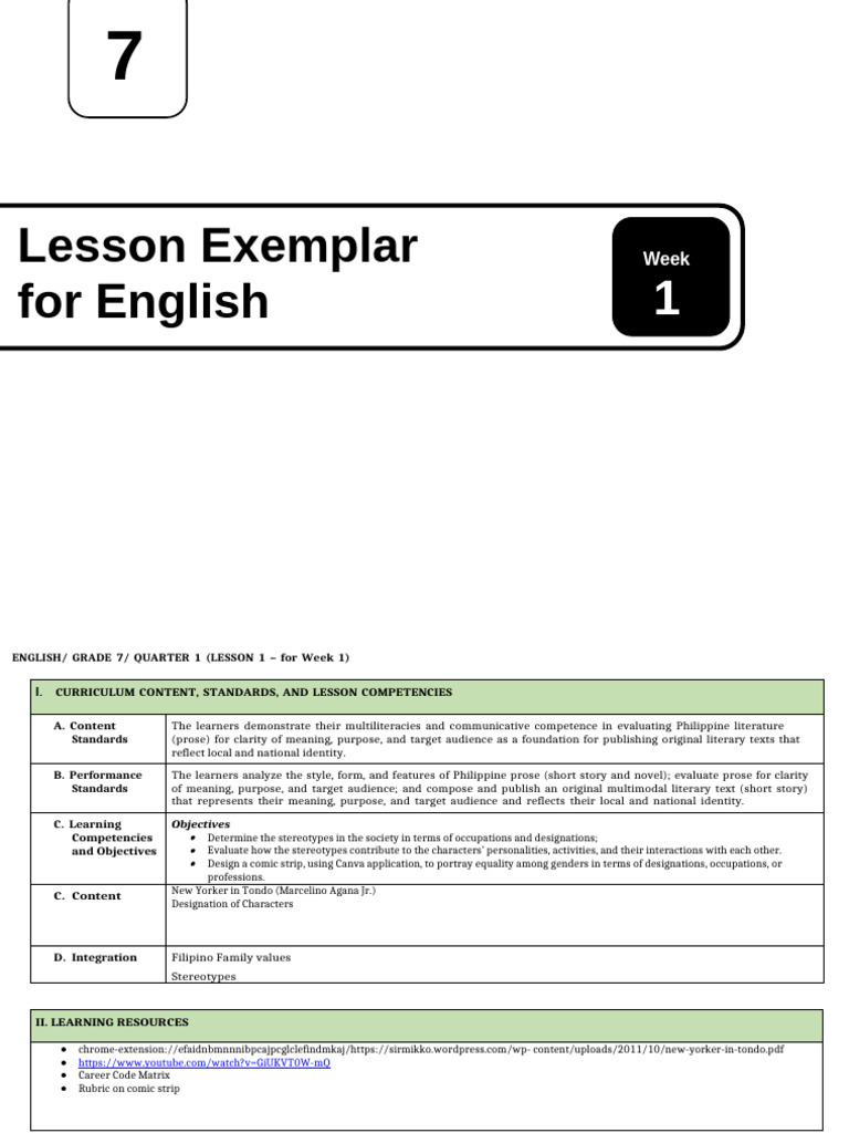 wEEK 1 Lesson Exemplar | PDF
