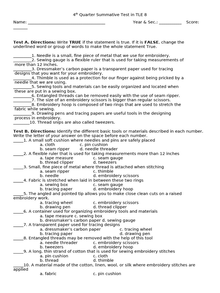 4th Quarter Summative Test in TLE 8 - MODULE 1 | PDF | Embroidery ...