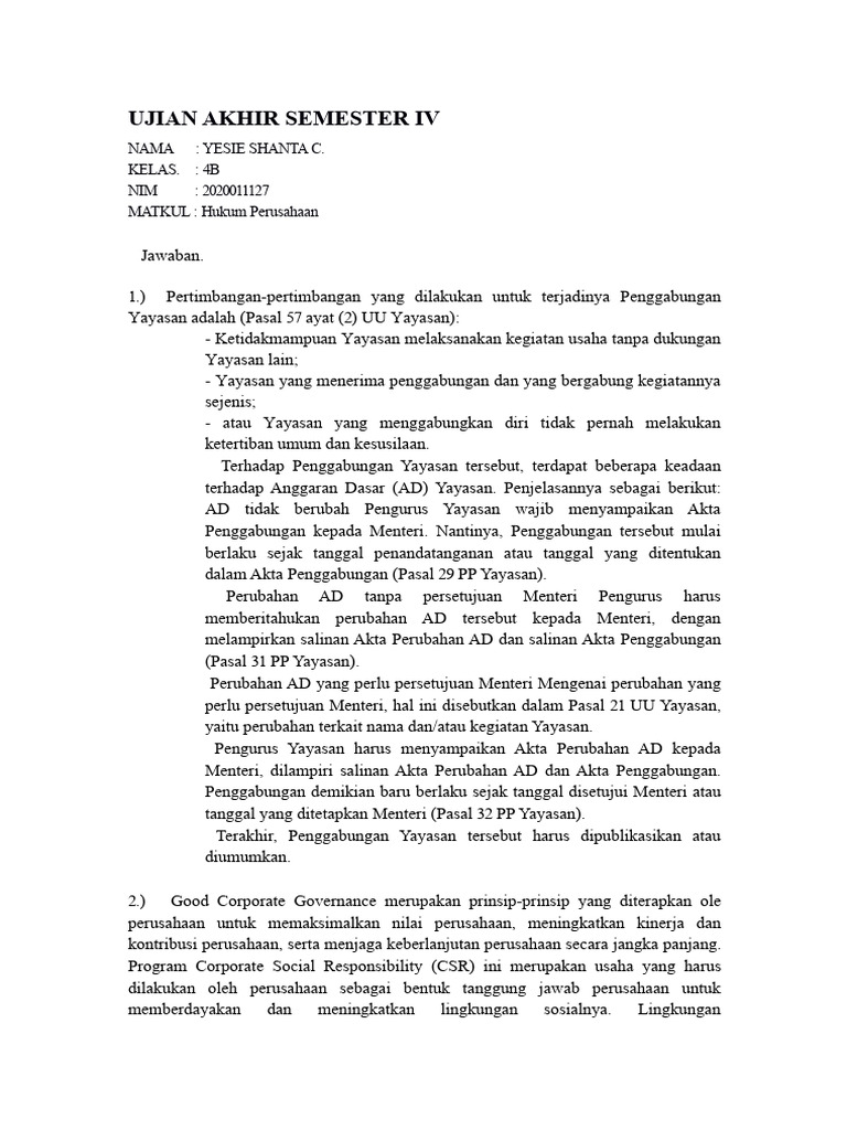 Hukum Perusahaan Yesie Shanta Charera 4b 2020011127 | PDF