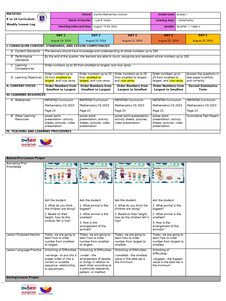 G1 Q1 DLL Week 4 Mathematics | PDF