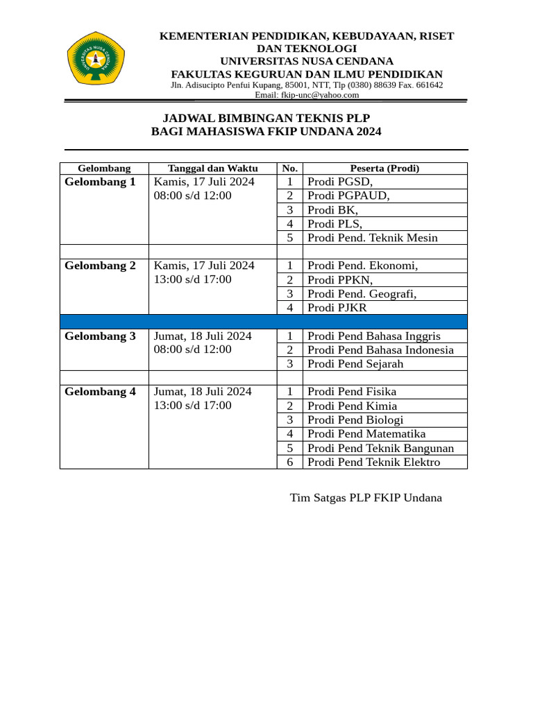 Jadwal Bimtek PLP Bagi Mahasiswa | PDF