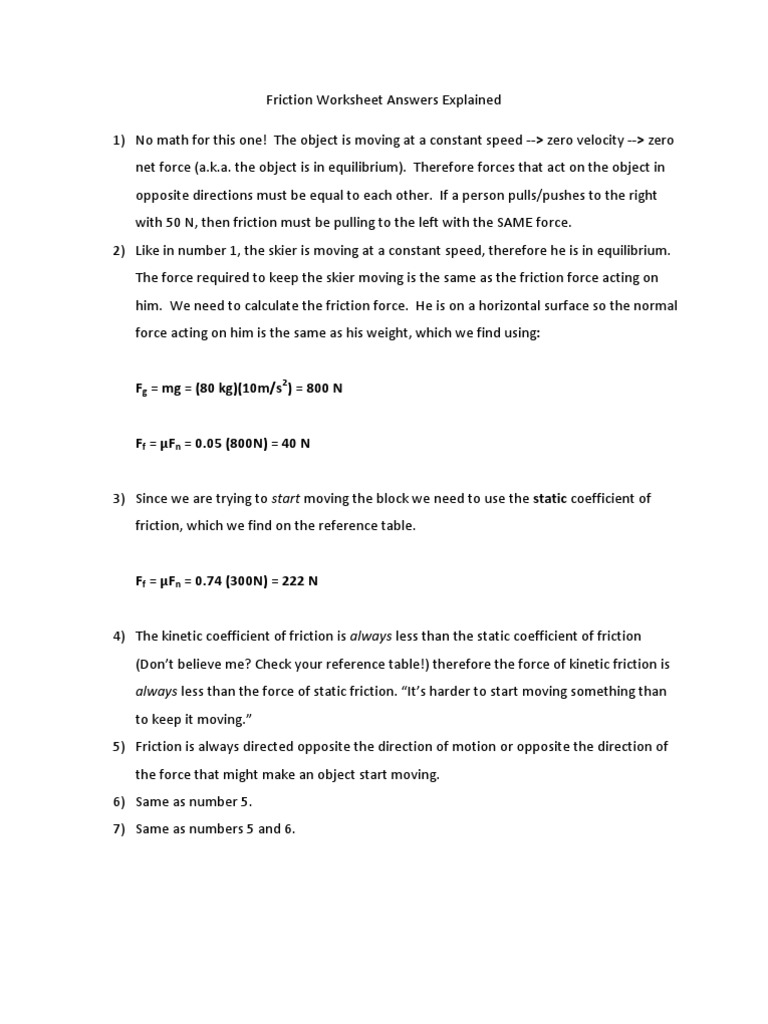 Friction Worksheet Answer Key Explained | PDF | Friction | Force