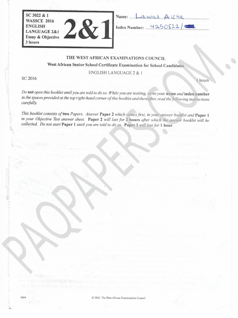 Waec Wassce English Theory Questions 2016 | PDF