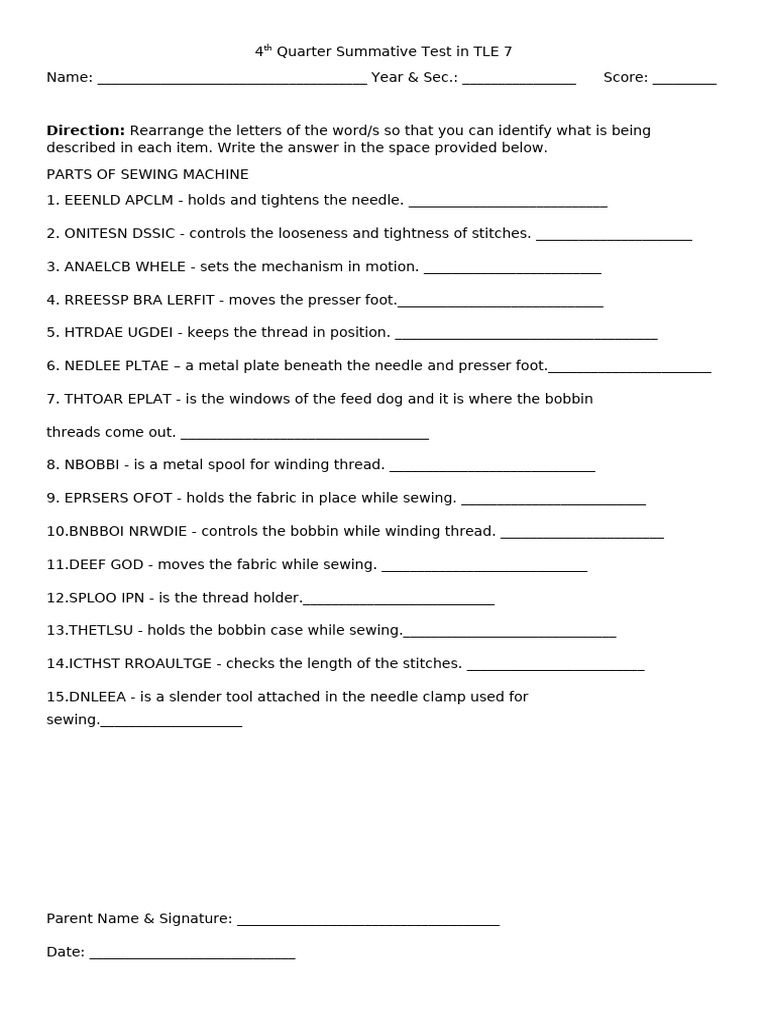 4th Quarter Summative Test in TLE 7 | PDF