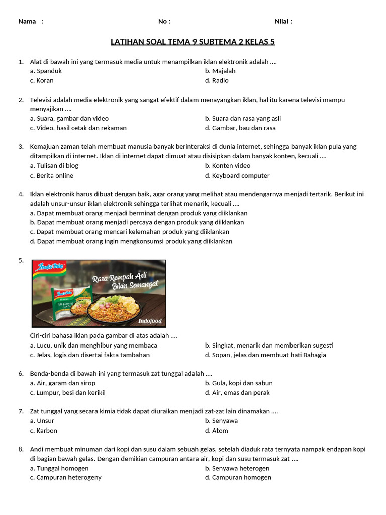 Latihan Soal Tema 9 Subtema 2 Senin 2 | PDF