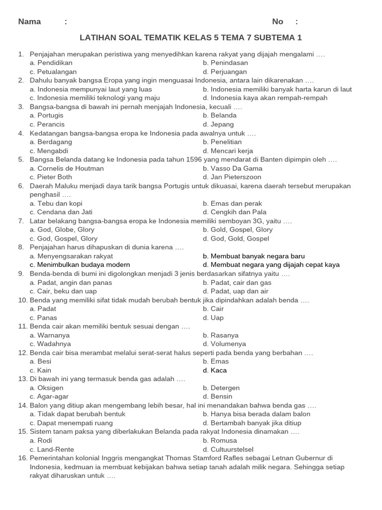 Latihan Soal Tema 7 Subtema 1 | PDF