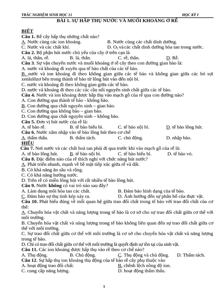 Bo Cau Hoi Trac Nghiem Sinh Hoc 11 HKItheo Tung Bai Co Dap An | PDF
