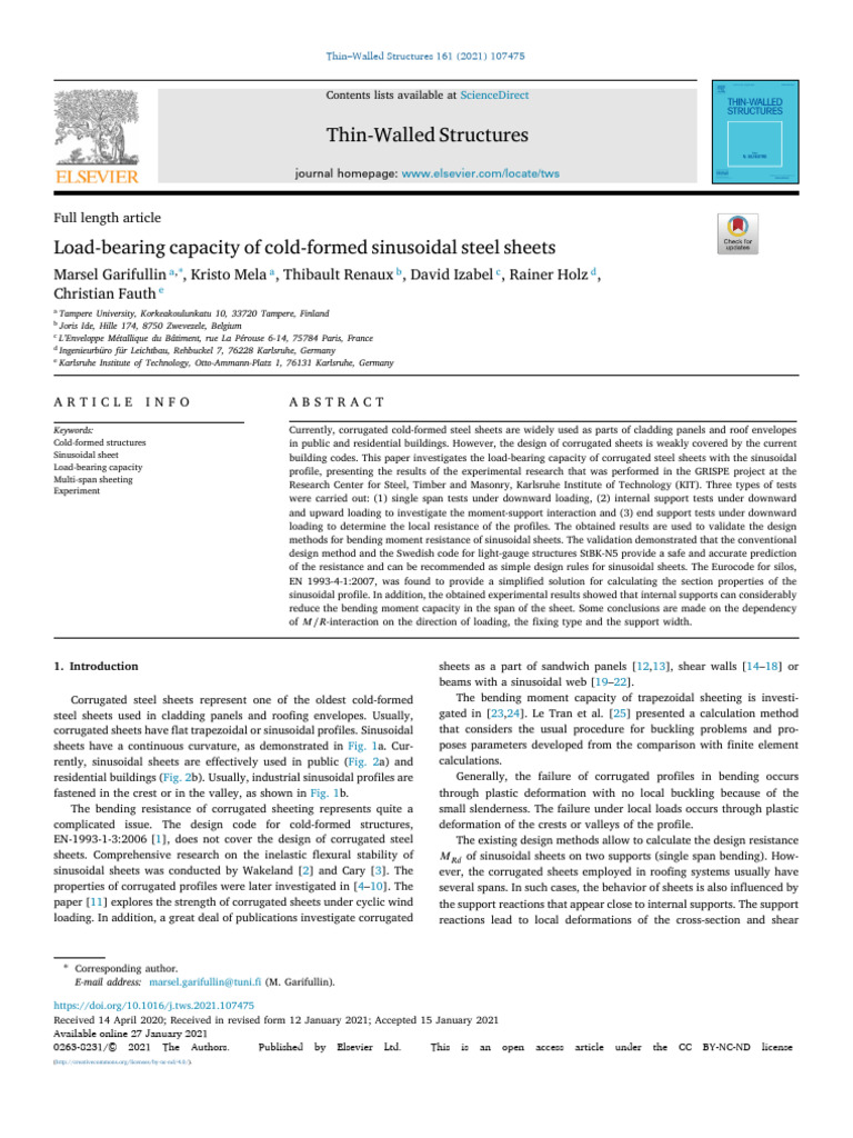 Load Bearing Capacity of Cold Formed Sinusoidal Stee 2021 Thin Walled Struct | PDF