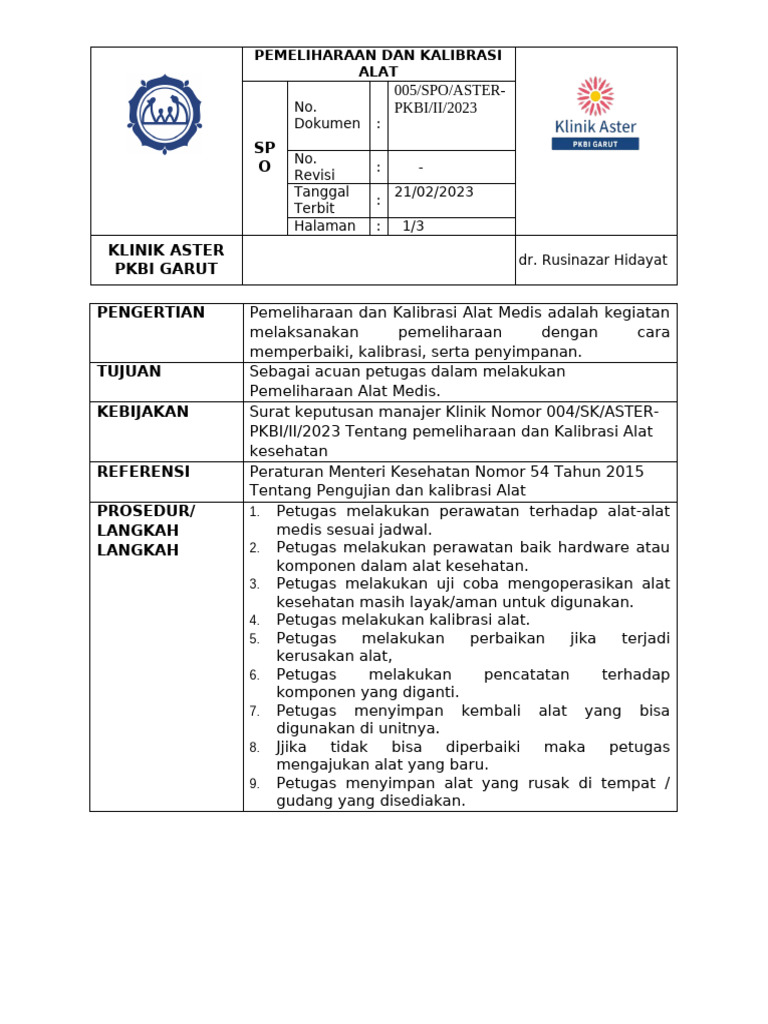 Spo Pemeliharaan & Kalibrasi Alat Medis - Fix | PDF