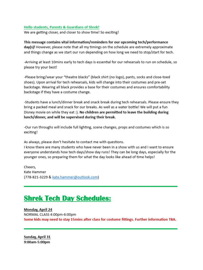 Shrek Tech Day Schedules | PDF
