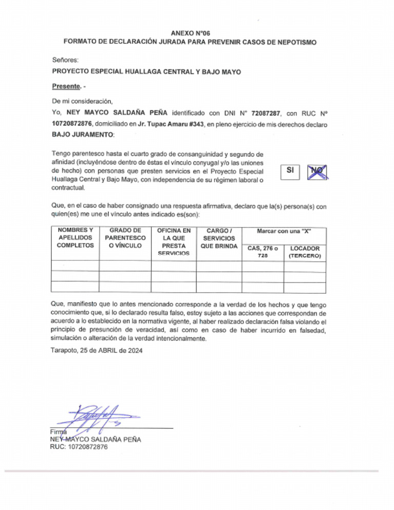 Formato 06 Declaracion Jurada para Prevenir El Nepotismo | PDF