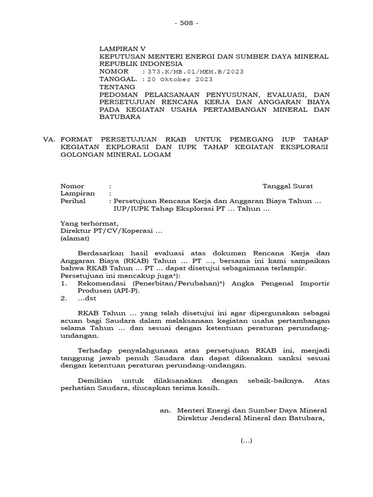Lamp. V.A. Kepmen Esdm 373.K - MB.01 - Mem.b - 2023 Format Persetujuan ...