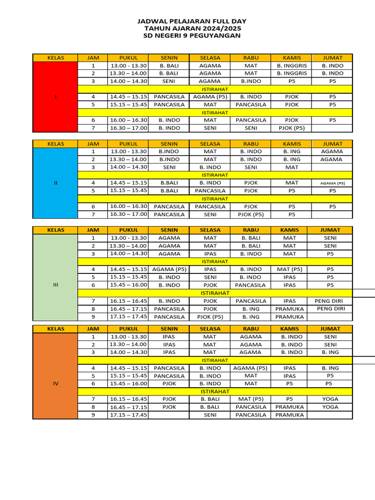 Jadwal Pelajaran Full Day SD 9 Pgy Baru 2024 2025 Fix | PDF