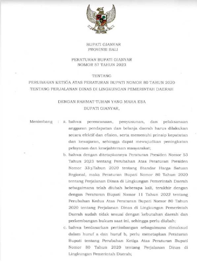 Perbup No.57 Tahun 2023 Tentang Perubahan Ketiga Atas Perbub No.80 TH 2020 Tentang PERJADIN | PDF
