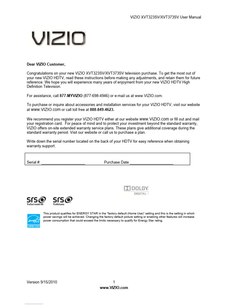 Manual Vizio XVT323SV | PDF