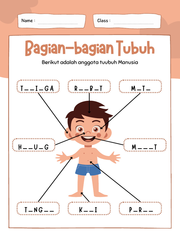 Brown Illustrated Body Parts Name Missing Letter Worksheet | PDF