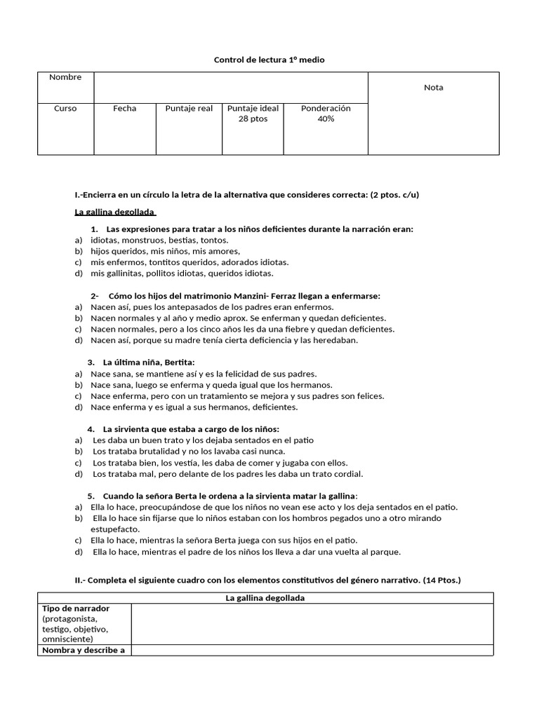 Control de Lectura 1°medio Modificada | PDF