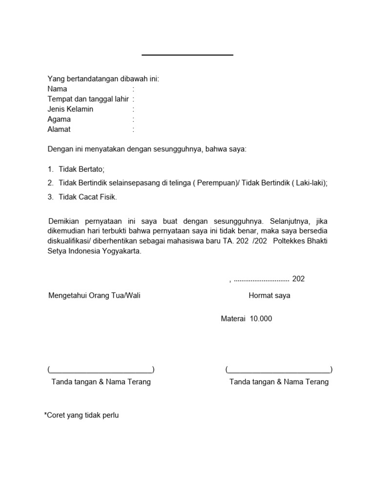 Format Surat Pernyataan Tidak Bertato Dan Tindik Serta Cacat Fisik | PDF